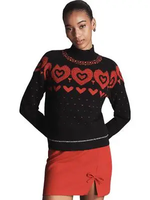 Maeve Metallic Heart Icon Mock-neck Sweater - Black Pattern