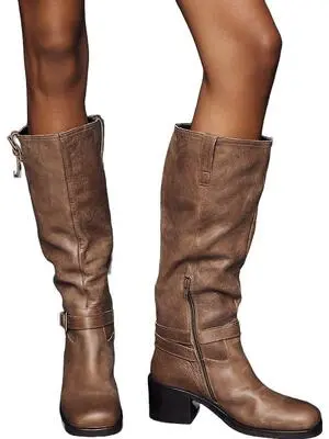 Maeve Mod Buckle Block-Heel Boots Taupe