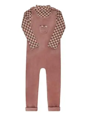 ELY'S & CO. Velour Plaid Bear Overalls And Turtleneck Set - Pink