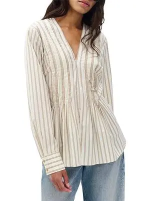 Rag & Bone Asher Stripe Pleated Cotton Blouse - Brown Stripe