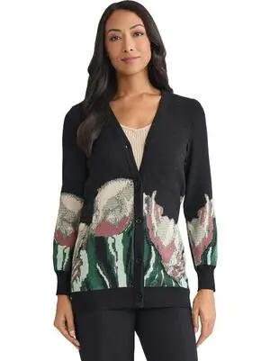 Misook Floral Jacquard Knit Cardigan - Black/ Floral