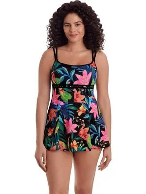 LONGITUDE Empire Princess Seam Long Torso Swim Dress - Midnight Black Plumeria