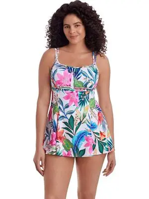 LONGITUDE Empire Princess Seam Long Torso Swim Dress - Midnight White Plumeria