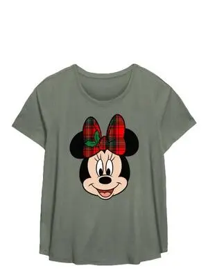 MICKEY & FRIENDS Christmas Minnie Plaid Bow Graphic T-shirt - Sage Green