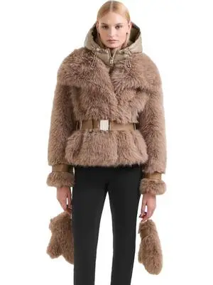 Rudsak Faux Fur Jacket With Puffer Hood - Camel