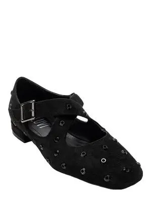 PROLOGUE SHOES Addison Cross Strap Mary Jane Shoes - Black Suede Faux Leather