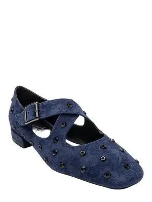 PROLOGUE SHOES Addison Cross Strap Mary Jane Shoes Navy Suede Faux Leather
