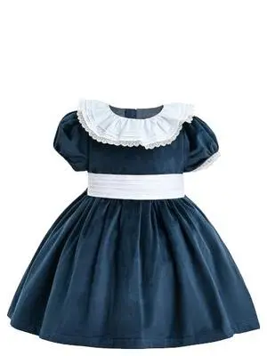 TULLEEN Velvet Dress With Lace Trim - Navy