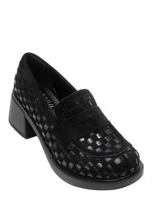 PROLOGUE SHOES Marlon Woven Block Heel Loafer - Black Faux Leather