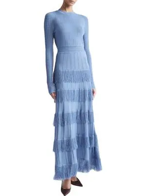Lela Rose Piper Fringe Long-sleeve Sweater Dress - Cornflower