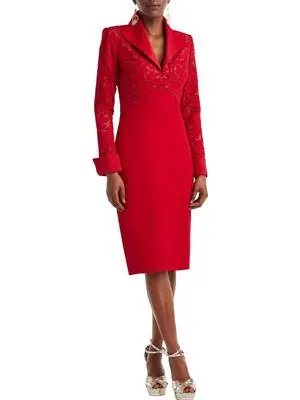 Tadashi Shoji Lace Detail Long Sleeve Sheath Dress - Cherry