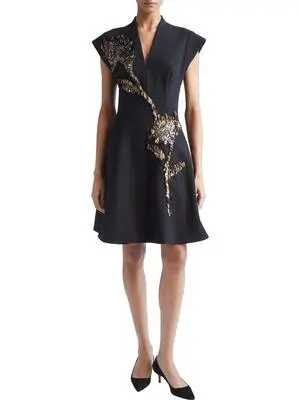 Lela Rose Fishing Lures Embroidered Fit & Flare Cocktail Dress - Black