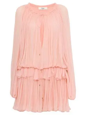 Chloé Tiered Organic Silk Mousseline Mini Dress - Pink