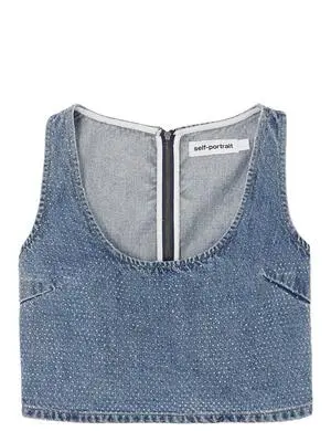 SELF-PORTRAIT Cropped Crystal-embellished Denim Top - Blue