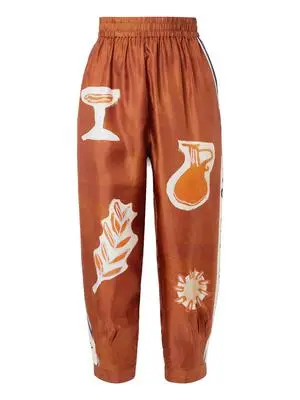 ALEMAIS Lrnce Soleil D'amour Printed Silk-twill Barrel-leg Pants - Red