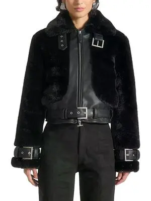 Manière De Voir Deya Plush And Faux Leather Belted Jacket - Black