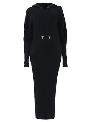LEEM Hooded Ribbed Knitted Midi Dress - Black