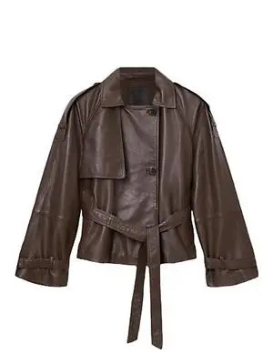 ALLSAINTS Reed Belted-waist Cropped Leather Jacket - Bitter Brown