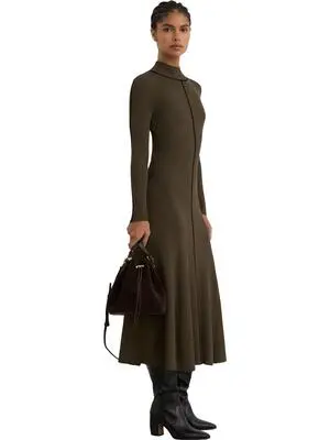 REISS Contrast-stitch Knitted Midi Dress - Khaki Green