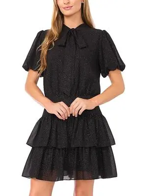 CECE DUPRAZ Puff Sleeve Tie Neck Dress - Rich Black