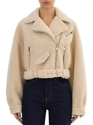 LAMARQUE Cropped Sherpa Biker Jacket - Beige
