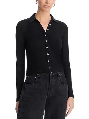 PERFECTWHITETEE Amee Luxe Ribbed Button Polo True Black
