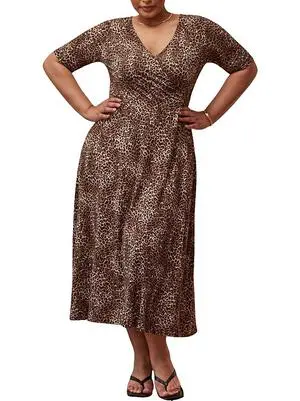LIVE UNLIMITED Leopard Print Wrap Midi Dress - Brown