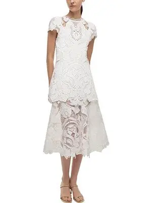 Simkhai Laura Guipure Lace Cap Sleeve Midi Dress - White