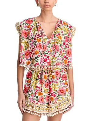 Farm Rio Banana Flowers Tie Neck Top - Off-white