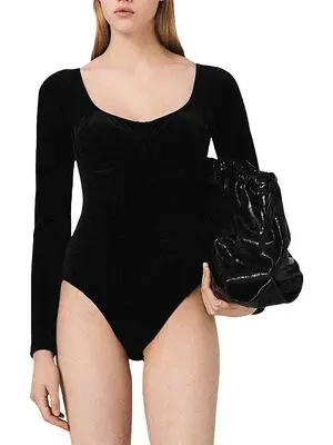 Maje Tivelvet Velvet Bodysuit - Black