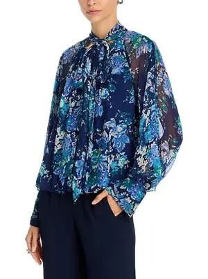 Derek Lam 10 Crosby Aderyn Tapestry Print Tie Neck Blouse - Navy/jade