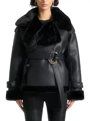 Manière De Voir Faux-leather & Plush Wrap-belted Jacket - Black