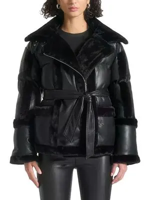 Manière De Voir Faux-leather And Plush Puffer Biker Jacket - Black