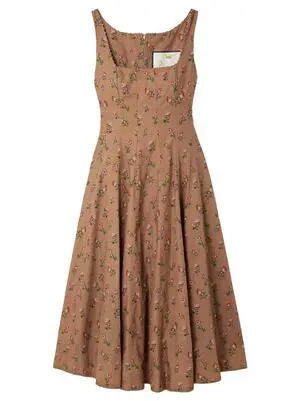 Agua Bendita Frontera Bead-embellished Floral-print Cotton Midi Dress - Brown