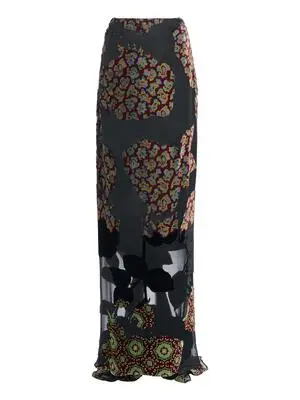Dries Van Noten Printed Velvet-trim Maxi Skirt - Black