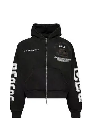 RRR123 Graphic Print Zip-up Hoodie - Black