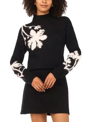 Vince Camuto Floral Mock Neck Sweater - Rich Black