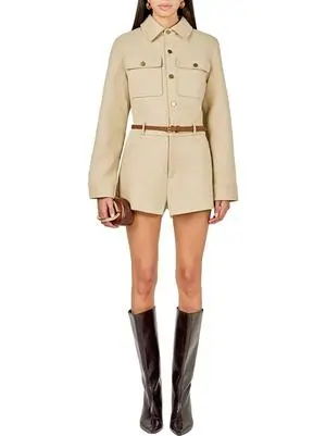 Endless Rose Faux Suede Long Sleeve Romper - Beige