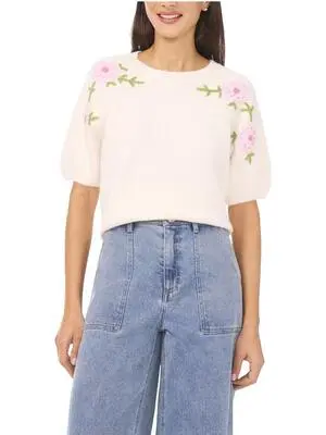 CECE DUPRAZ Floral Embroidered Short Sleeve Sweater - Birch