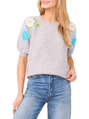 CECE DUPRAZ Floral Embroidered Short Sleeve Sweater - Silver Heather