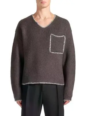MANIÈRE DE VOIR Whipstitch Trim V-Neck Knit Sweater