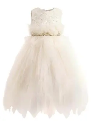 TULLEEN Feathered Tulle Party Dress - Cream