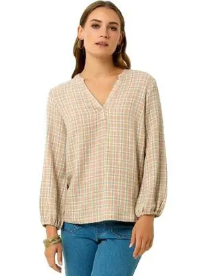 SINGLE STITCH Plaid V-Neck Peasant Blouse Cream Plaid