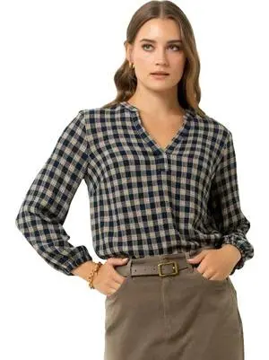 SINGLE STITCH Plaid V-Neck Peasant Blouse Navy Plaid