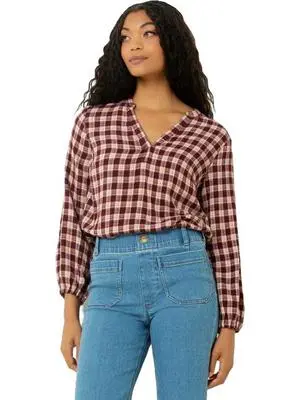 SINGLE STITCH Plaid V-Neck Peasant Blouse Port Royale