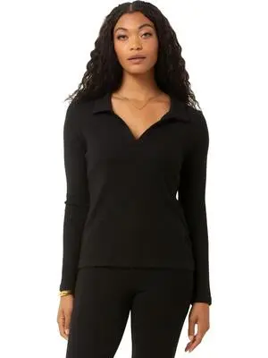 SINGLE STITCH Classic Ribbed V-neck Sweater With Collar - Black