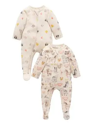 PUREBABY 2-pack Printed Zip Footies - Farm Animals Print