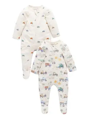 PUREBABY 2-pack Printed Zip Footies - Farm Vehicles Print