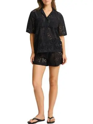 SEA LEVEL Ibiza Cotton Eyelet Cover-up Bowling Shirt - Black