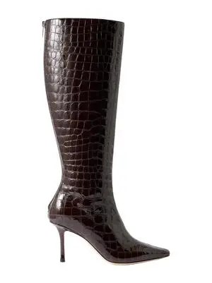 JIMMY CHOO Agathe 85 Croc-effect Leather Knee Boots - Brown